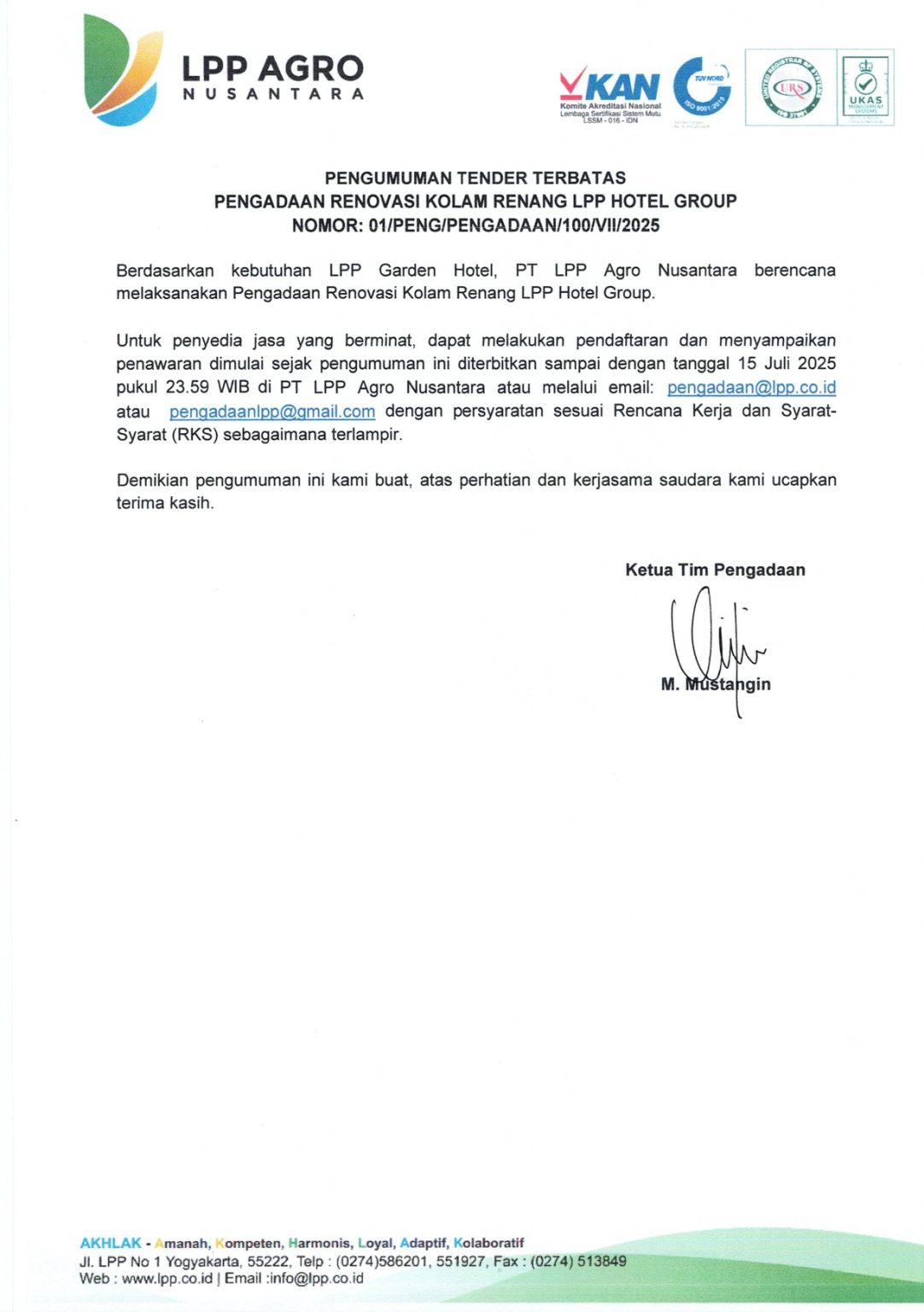 PENGUMUMAN TENDER TERBATAS PENGADAAN RENOVASI KOLAM RENANG LPP HOTEL GROUP - LPP Agro Nusantara