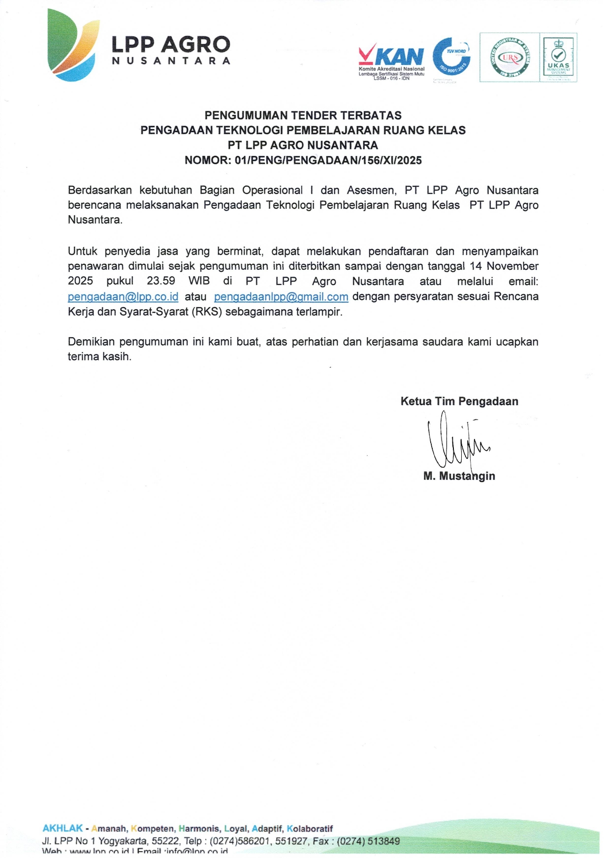 PENGUMUMAN TENDER TERBATAS PENGADAAN TEKNOLOGI PEMBELAJARAN RUANG KELAS ...